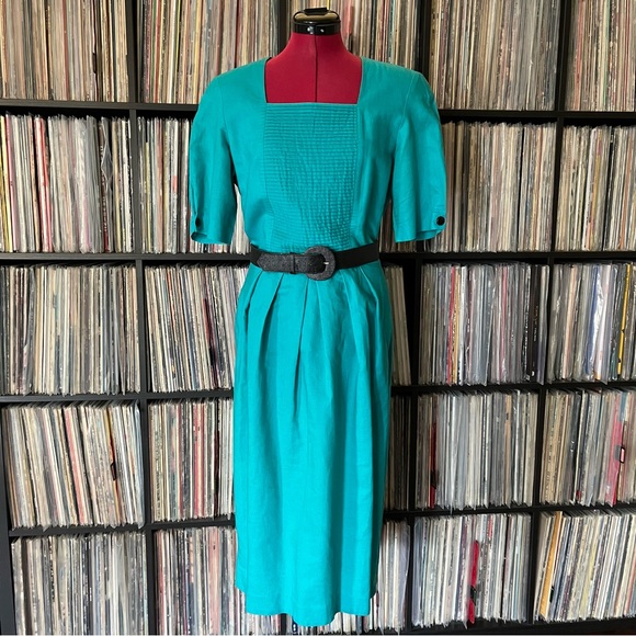 Vintage | Dresses | Teal 8s Dress Belted Padded Iconic Small Medium ...